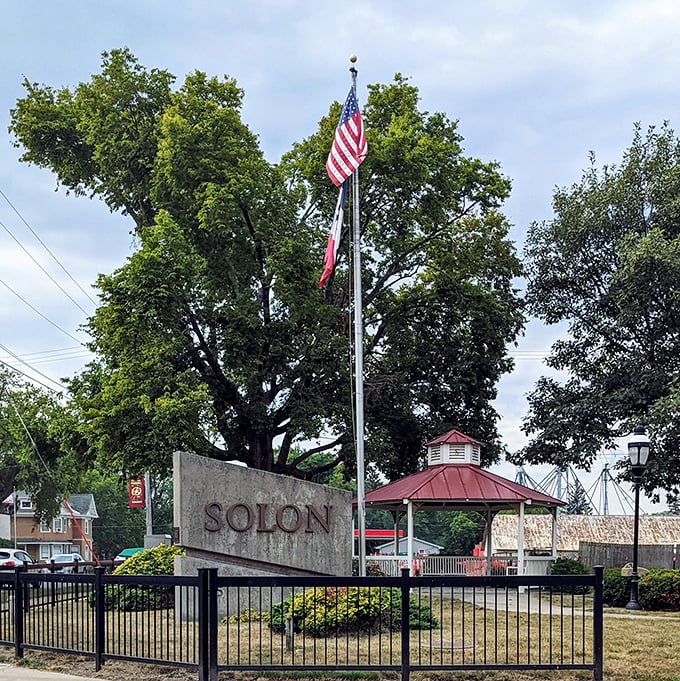 Solon welcomes visitors with small-town pride and a flagpole that stands tall like the community spirit.