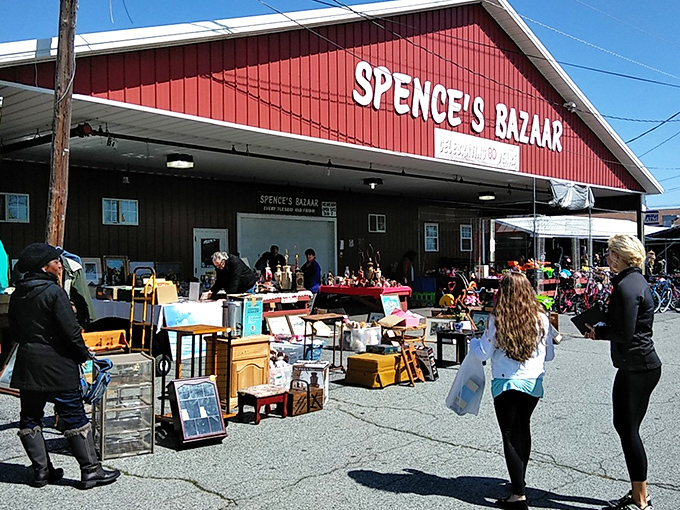 Spence's Bazaar's iconic red barn beckons bargain hunters like a lighthouse for the thrifty. The treasure hunt begins here!