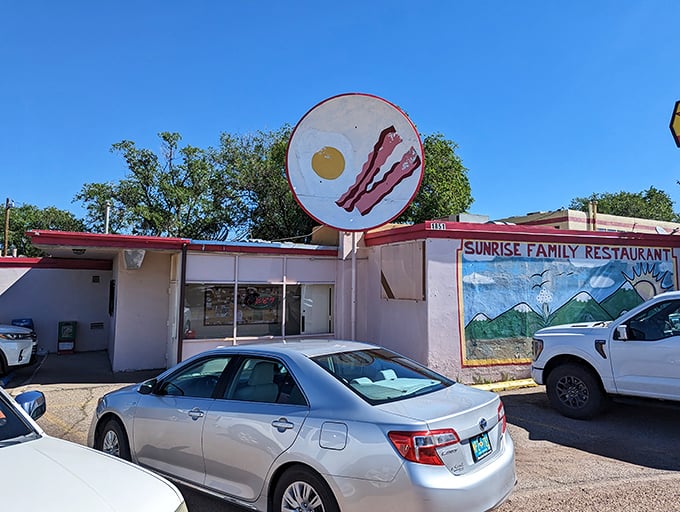 That giant egg and bacon sign isn't subtle, but neither is your hunger. Sunrise Family Restaurant keeps it refreshingly real.