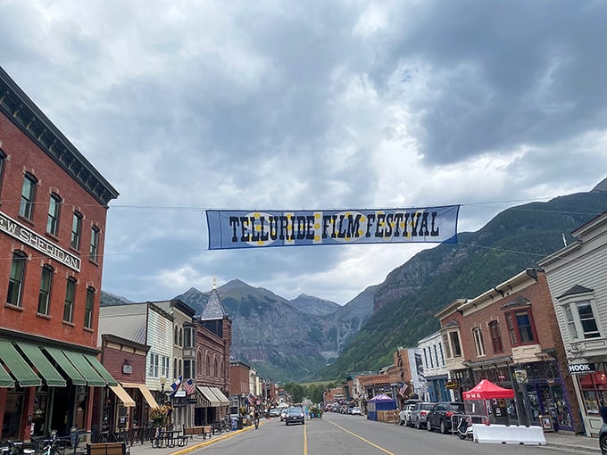 Telluride's main street during film festival season – where you might buy coffee next to a celebrity but both of you are just talking about the snow.