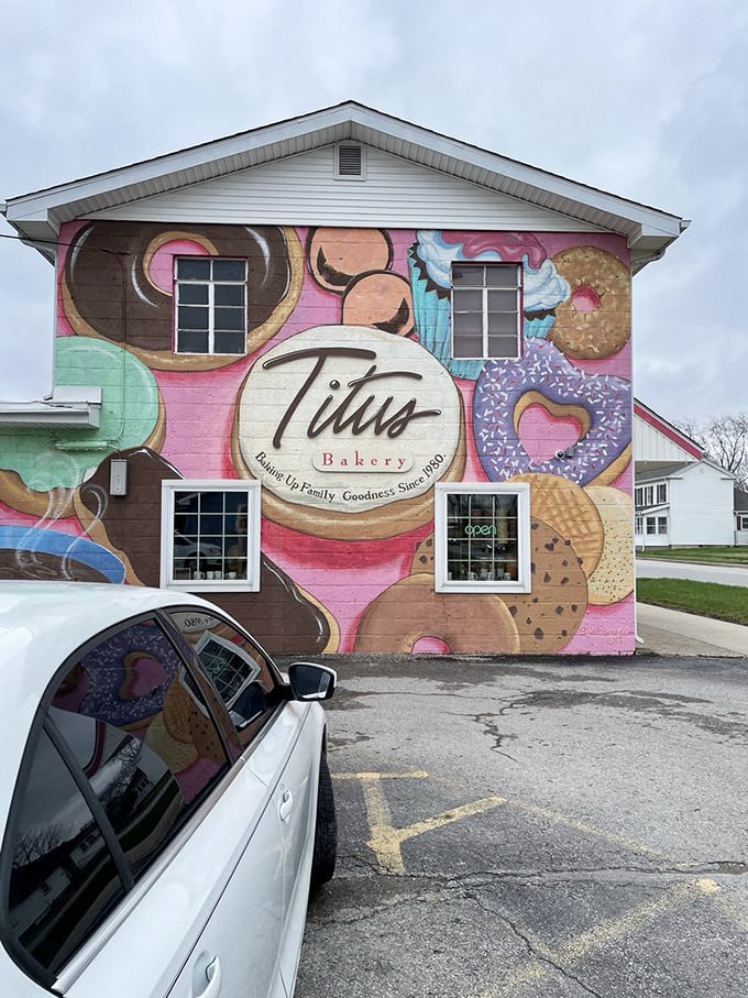 Titus Bakery mural: Donut murals should be required on every building. This colorful wall art is practically edible with your eyes.