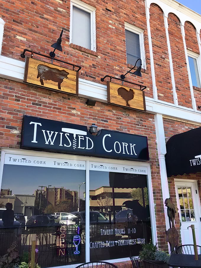 Twisted Cork's rustic brick facade and charming signage hint at the sustainable seafood treasures waiting inside.