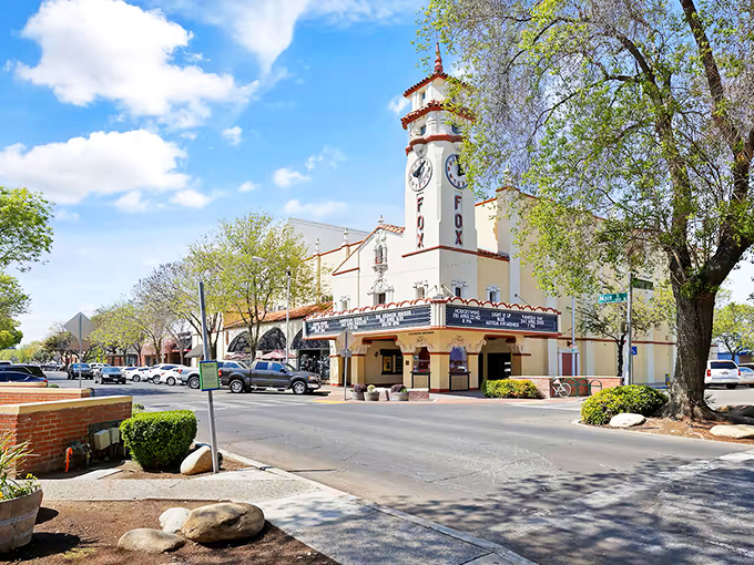 Visalia's vibrant downtown buildings pop with color against the blue sky, showing that affordable living doesn't mean sacrificing beauty.