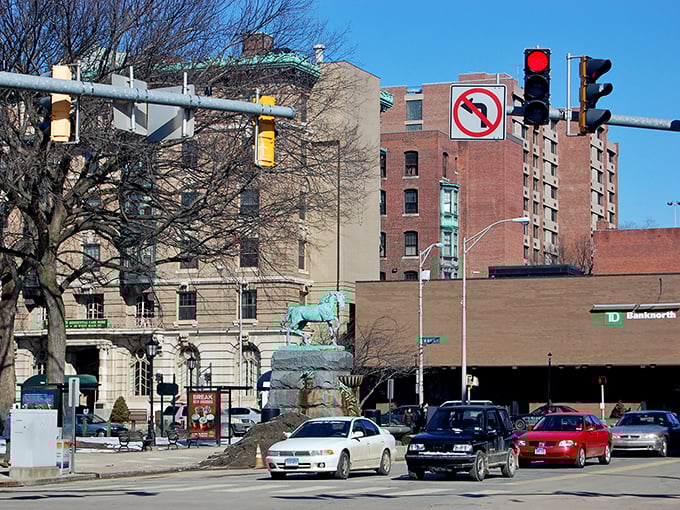 Waterbury's downtown intersection captures small-city charm with its historic buildings and classic American streetscape.