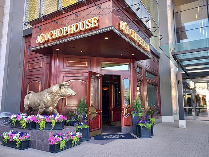 801 Chophouse (entrance with flowers): "Where floral arrangements meet primal carnivorous desires. Life's delicious contradictions in one elegant doorway."