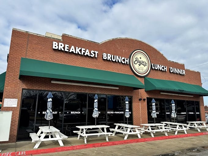 White picnic tables outside Bay34th Street Diner invite you to enjoy your pancakes al fresco. The promise of brunch makes any day better!