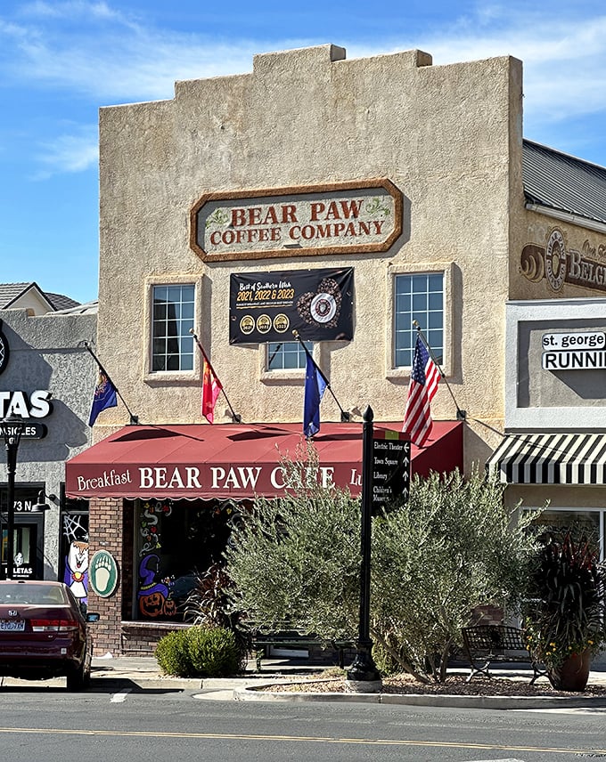 The stately facade of Bear Paw Cafe stands like a temple to breakfast, complete with patriotic flags to salute your morning appetite.