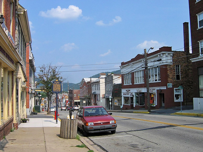 Bedford's Main Street – where brick buildings have witnessed centuries of gossip, and they're still not telling what they've heard.