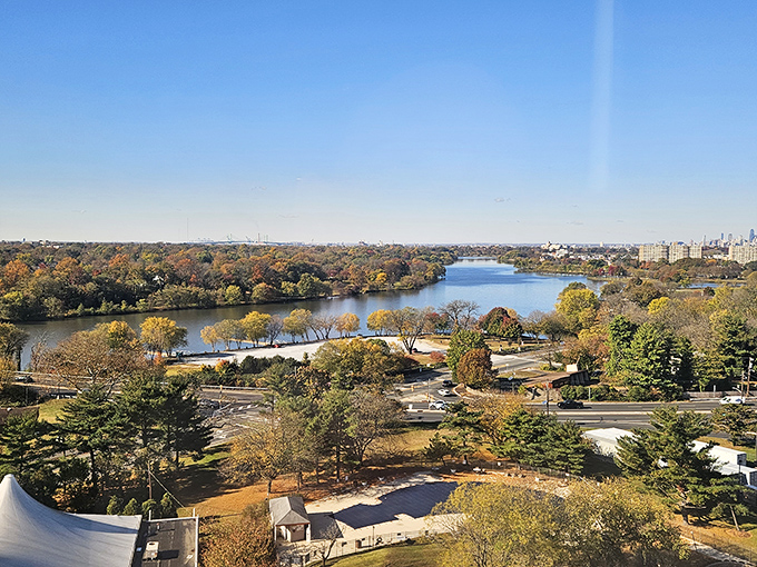 A bird's-eye view of Cherry Hill reveals tree-lined neighborhoods and community spaces where fixed-income living feels surprisingly comfortable.