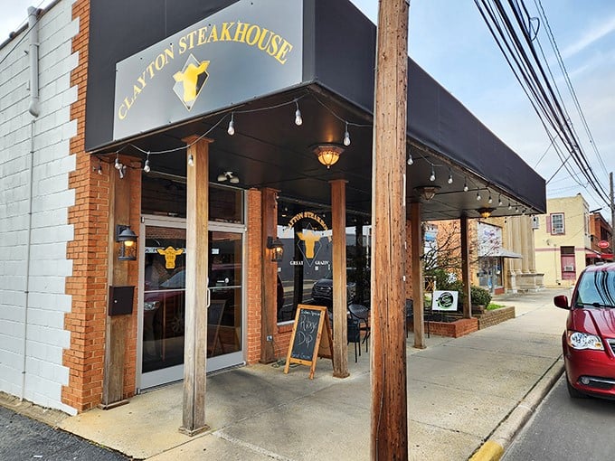 Small-town magic with big-city flavor! Those wooden posts don't just support the awning&mdash;they hold up a local steak tradition.