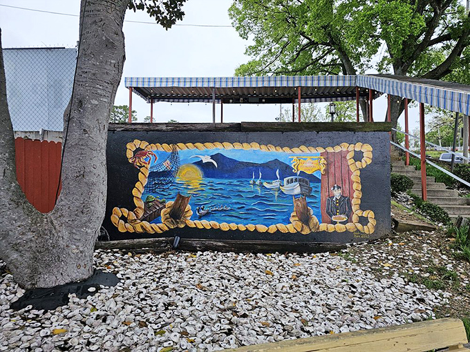 That nautical mural says it all - at Fisherman's Wharf, you're about to embark on a seafood journey without leaving Arkansas.