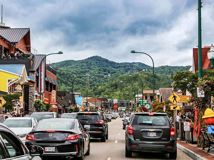Welcome to downtown Gatlinburg, where every storefront competes for your attention while the mountains steal the show anyway.