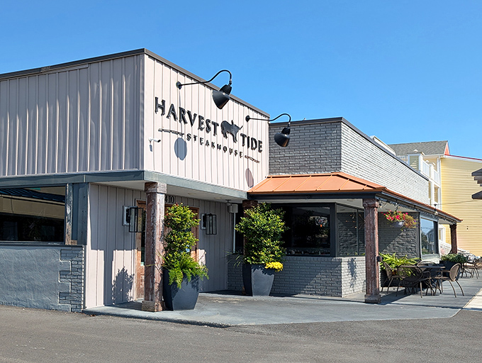 Clean lines and weathered wood&mdash;Harvest Tide's exterior is like its steaks: sophisticated yet approachable, with no unnecessary frills.