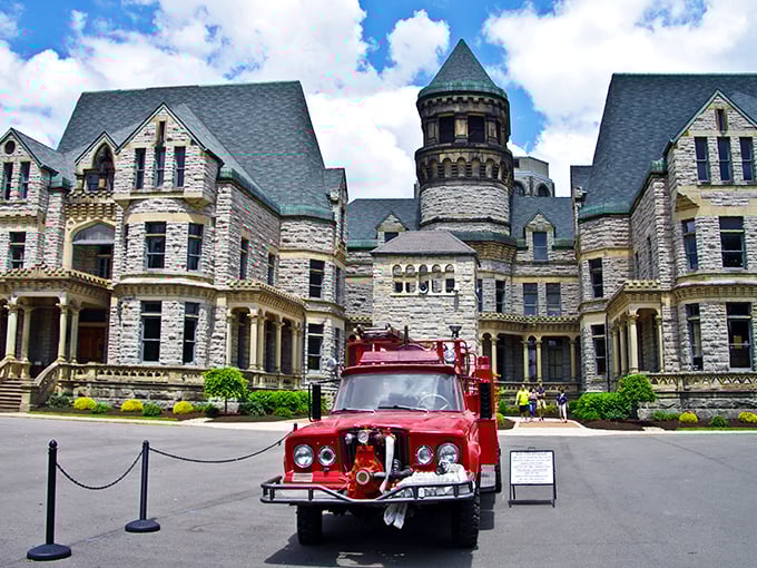 Mansfield's historic reformatory stands majestically against the sky, a castle-like structure that's both imposing and oddly beautiful.