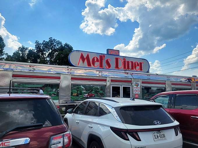 Colorful murals and chrome siding make Mel's Diner a retro paradise. Somewhere inside, a chocolate malt is calling your name!