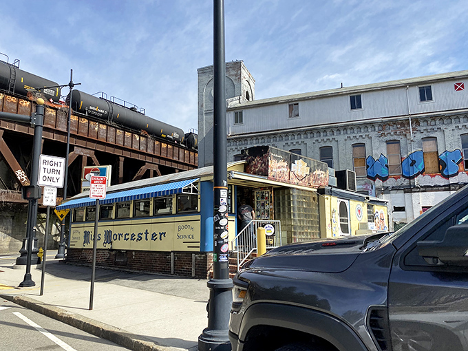 "Booth Service" isn't just a sign&mdash;it's a promise of cozy conversations and forkfuls of history in this vintage dining car.