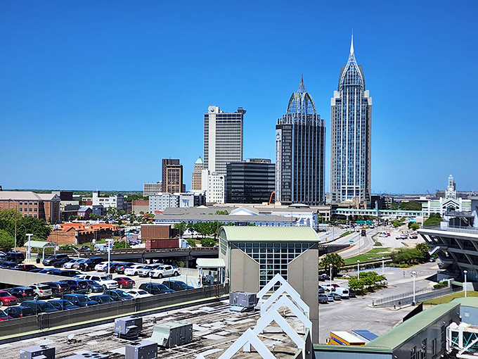 The heart of Mobile's business district &ndash; where classic Southern architecture meets modern office spaces under Alabama's famous blue skies.