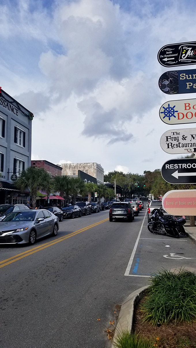 The golden hour bathes Mount Dora's waterfront in warm light, turning an ordinary street into something magical.