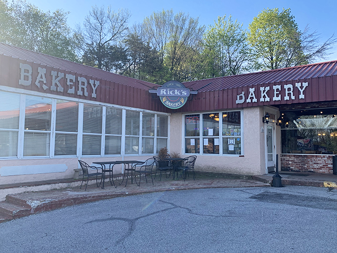 Morning sunshine highlights Rick's welcoming entrance, where the hardest decision you'll make today is choosing between dozens of perfect pastries.