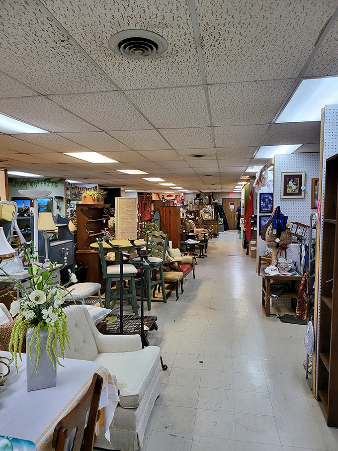 Vintage furniture and collectibles line the aisles at Rusty Rooster. That lamp might have illuminated someone's first date in 1962!