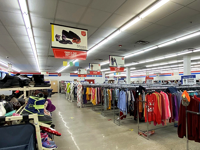 Neatly arranged racks stretch into the distance like a fashion runway for the budget-conscious shopper.