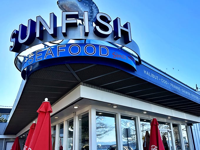 The perfect beach-side fish stop! Sunfish's bold sign and metal fish sculpture hint at the ocean treasures within.