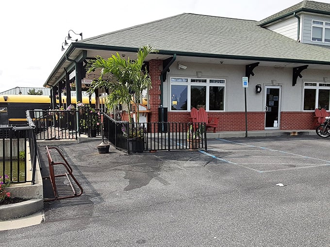 The Salted Rim's train station-style building stands ready for hungry passengers, with palm trees adding a tropical twist to this railway-themed gem.