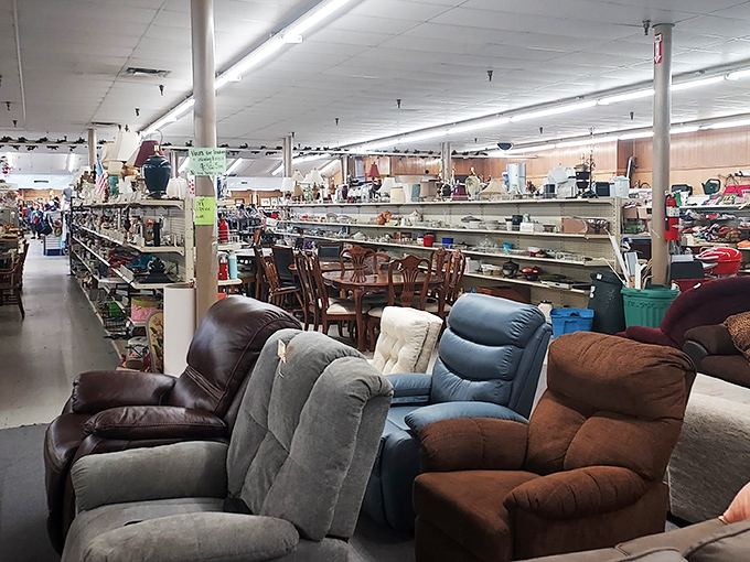 Recliners and sofas and tables, oh my! The furniture section here is like a comfortable time machine through decades of American living rooms.