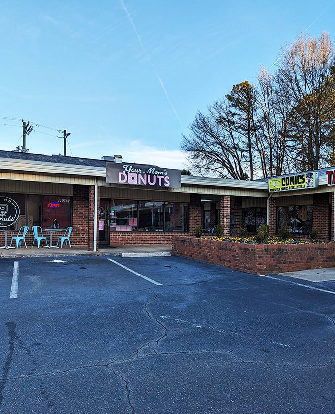 Bright blue chairs invite you to sit and savor at Your Mom's Donuts &ndash; where square treats create round smiles.
