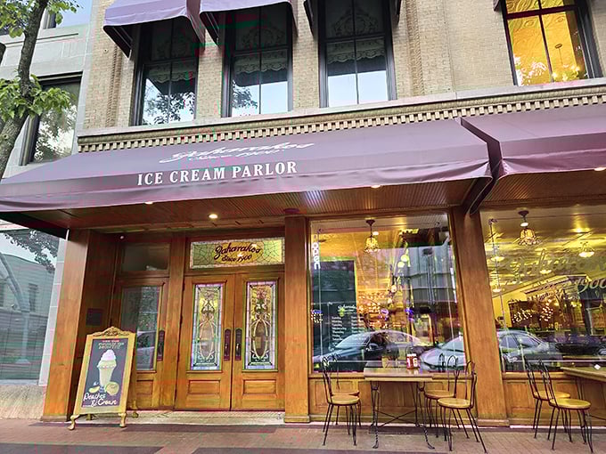 Gleaming wood, vintage charm, and the promise of old-fashioned ice cream treats await behind these ornate doors.