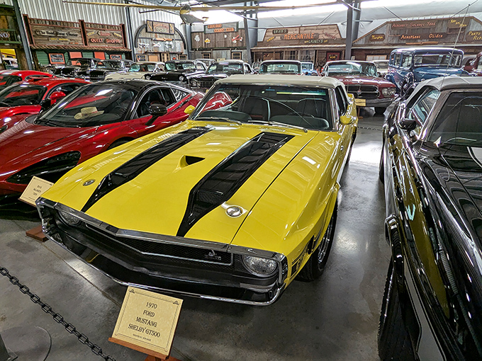 The bold yellow stripes of this 1970 Mustang Shelby GT500 practically scream "I was the poster car on every teenager's wall in the 70s!"