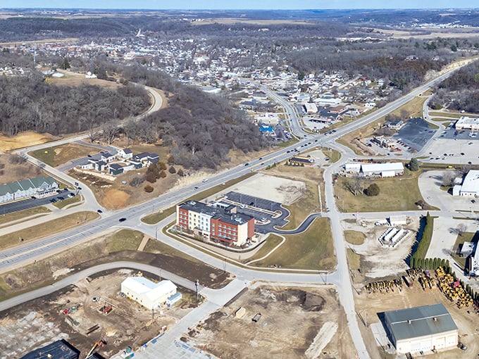 Decorah from above looks like someone carefully arranged a perfect small town in a valley, then surrounded it with nature's finest landscaping service.
