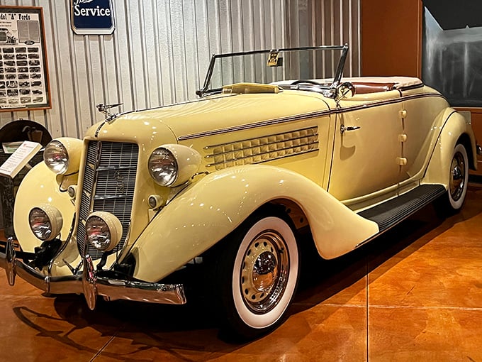 The cream-colored Auburn 851 Speedster embodies Depression-era optimism with its elegant lines and chrome details that whisper "the good life."