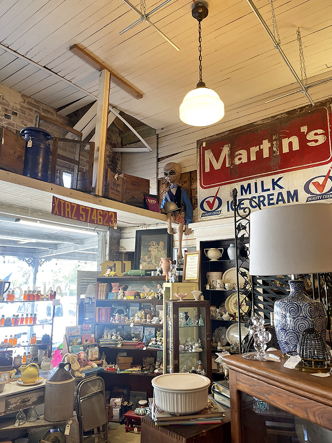 Inside this antique shop, treasures stack from floor to ceiling—where that vintage Martin's Milk & Ice Cream sign probably witnessed conversations about FDR's fireside chats.