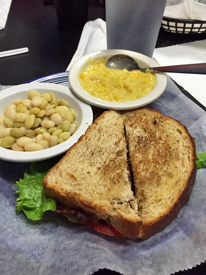 That sandwich isn't just lunch&mdash;it's architectural perfection. The butter beans and creamed corn are the backup singers this BLT deserves.