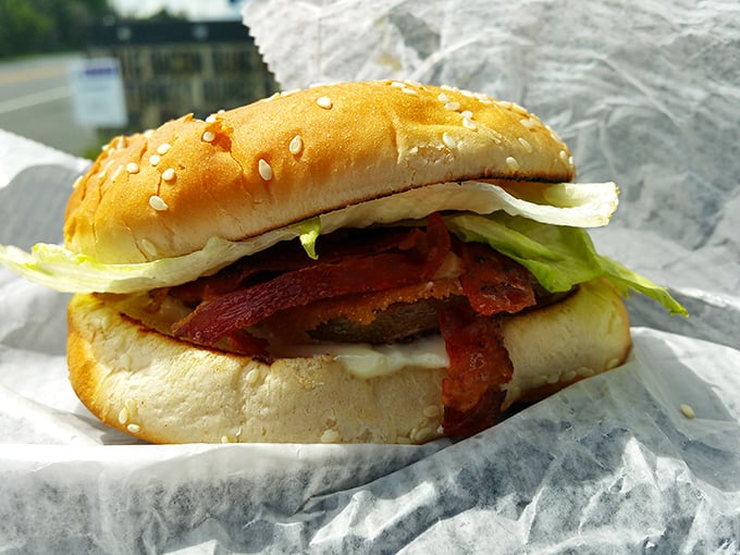 This bacon burger isn't just food; it's edible nostalgia wrapped in wax paper, ready to transport you to simpler times.