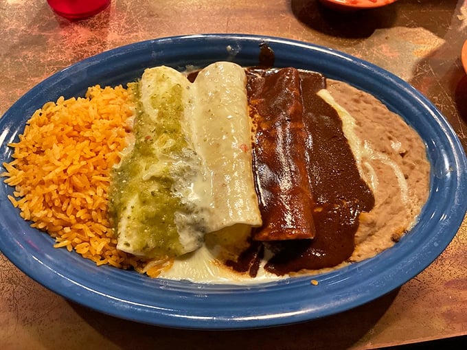The holy trinity of Mexican comfort&mdash;verde, blanco, and rojo sauces cascade over corn tortillas like flavor waterfalls. Rice and beans aren't afterthoughts but worthy companions.