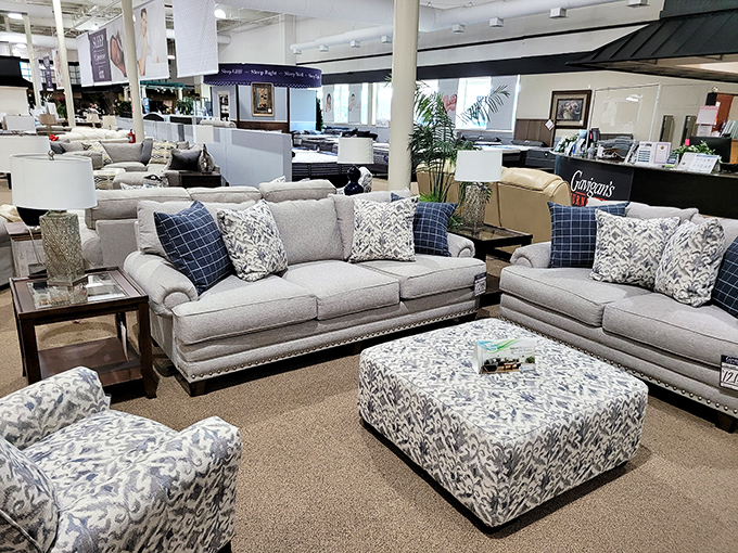 Neutral sofas with personality? Not an oxymoron at Gavigan's. These plush seating arrangements whisper, "Yes, you can have company over without hiding the furniture."