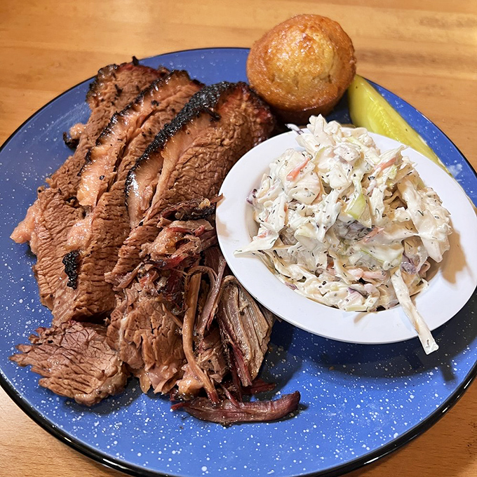 Brisket that doesn't need a knife, coleslaw that isn't an afterthought, and a cornbread muffin that deserves its own fan club.