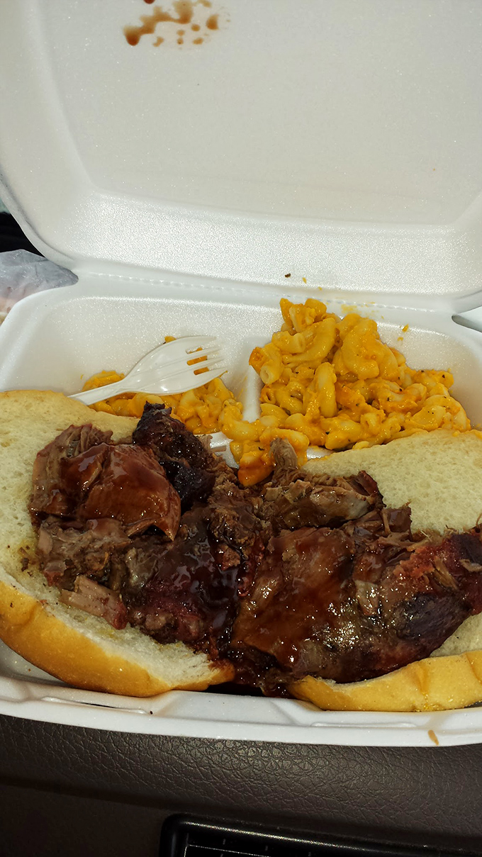 This isn't just a sandwich; it's a religious experience. The brisket practically collapses under its own tenderness, while the mac and cheese stands by proudly.