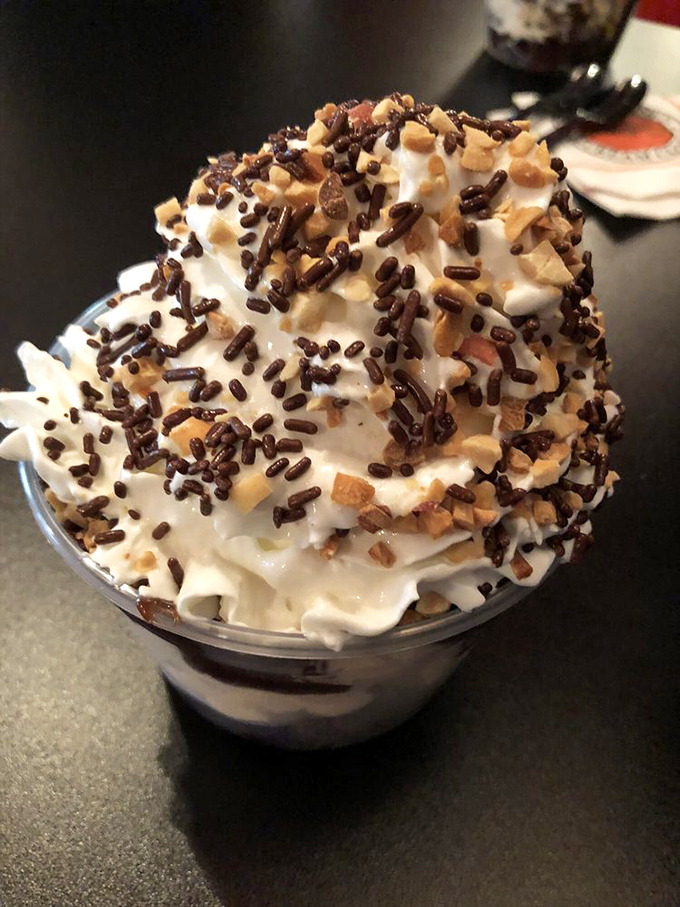 This isn't just a sundae, it's architecture. Layers of whipped cream, nuts, and sprinkles create the Taj Mahal of frozen treats.