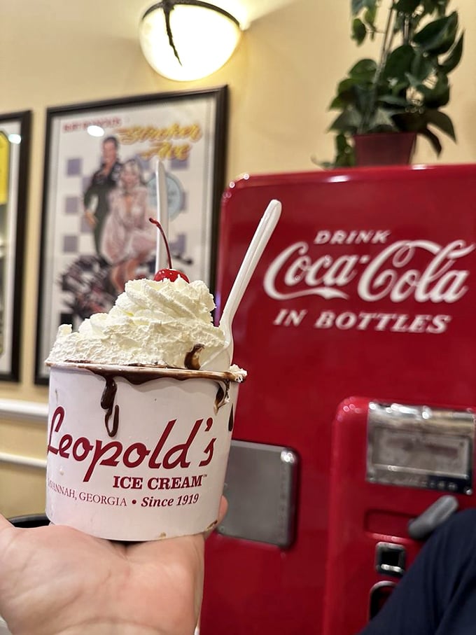 This isn't just whipped cream—it's a cloudy masterpiece with a cherry on top, nestled against a backdrop of vintage American nostalgia.