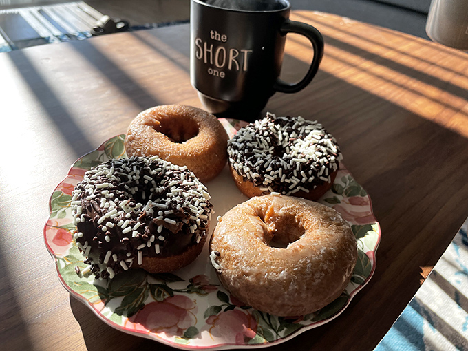 Chocolate sprinkled donuts catching morning light like jewels. Paired with coffee, they're Indiana's version of champagne and caviar.