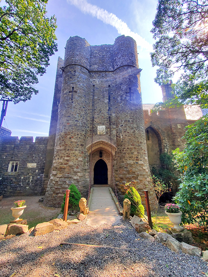 The castle's imposing entrance tower stands guard over Gloucester's coastline, a stone sentinel that's been turning heads since the Roaring Twenties.