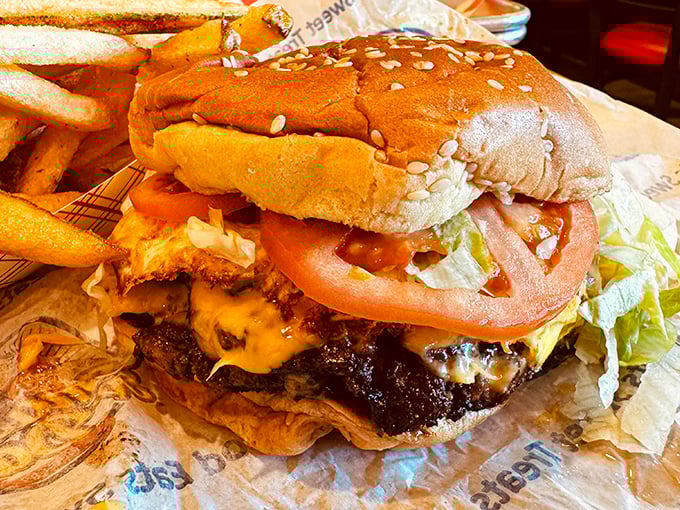 Not just a burger, but a masterpiece of balance and proportion. The perfectly charred patty and fresh toppings create a symphony of flavors.