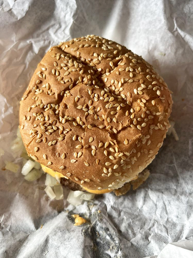 Behold the humble sesame seed bun, doing its noble duty of housing a perfect patty. Like a comfortable hat for a delicious party happening underneath.