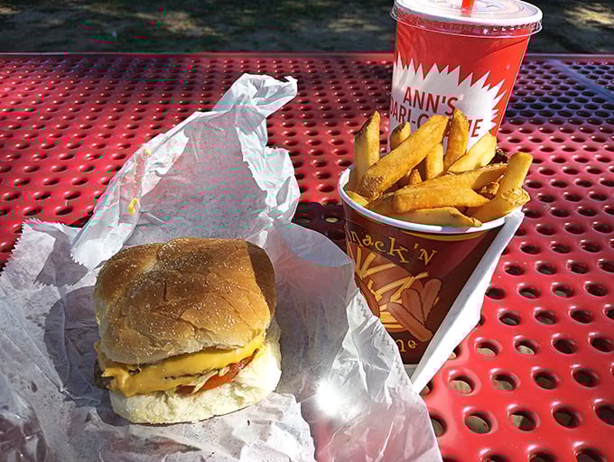 The holy trinity of roadside dining: a perfectly melted cheeseburger, golden fries, and a cold drink. No filter needed&mdash;this is pure, unfiltered happiness.