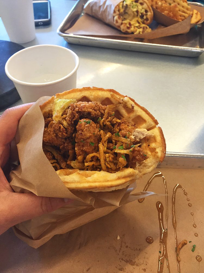 Chicken and waffles, wrapped like a present your taste buds have been waiting to unwrap their entire lives.