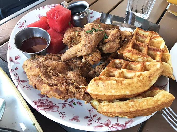 The holy trinity of comfort: golden-fried chicken, buttery waffles, and juicy watermelon. Calories don't count when something tastes this divine.