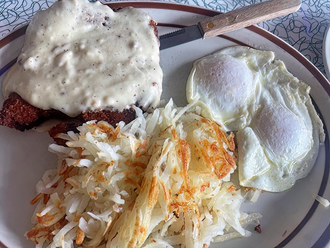 Gravy isn't a condiment here, it's a religion &ndash; spreading its creamy, peppery gospel across a perfectly crisp chicken fried steak.